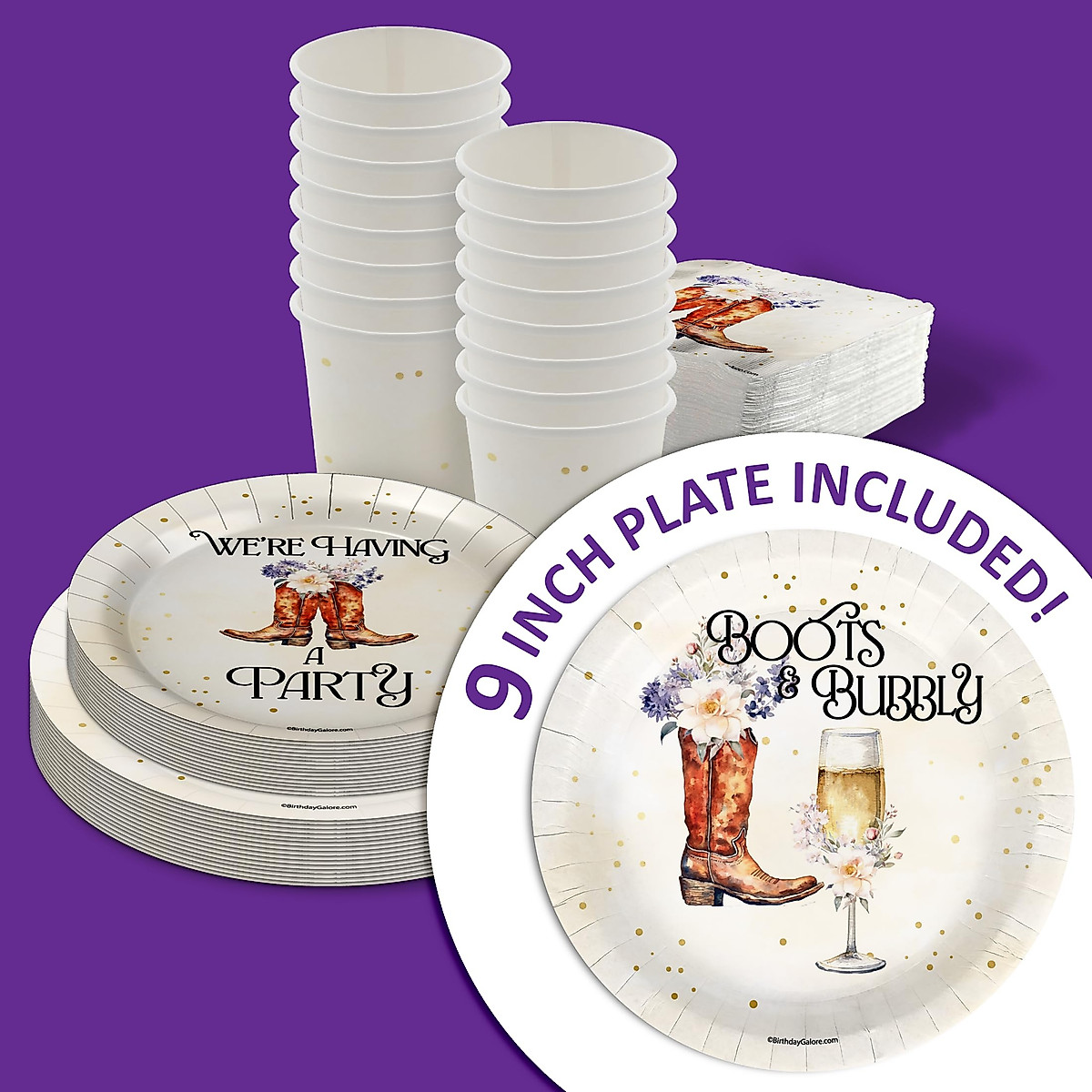 Birthday Galore Boot and Bubbly Bridal Shower Party Supplies 64 Piece Tableware Set Includes Large 9" Paper Plates Dessert Plates, Cups and Napkins Kit for 16