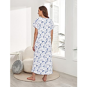 IZZY + TOBY Cotton Nightgowns for Women Soft Short Sleeve Knitted Night Gown Ladies Long Nightdress Sleepwear Blue Morning Bulls M