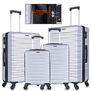 Apelila 4 Piece Luggage Sets, Expandable Hardshell ABS Luggage Sets with TSA Lock Spinner Wheels Travel Suitcases Set (4 PCS, Silver)
