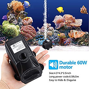 CWKJ Fountain Pump, 880GPH Submersible Water Pump, Durable 60W Outdoor Fountain Water Pump with 6.5ft Power Cord, 3 Nozzles for Aquarium, Pond, Fish Tank, Water Pump Hydroponics, Backyard Fountain