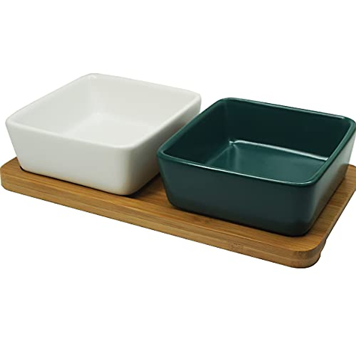 KUAO 2-Piece Set Hamster Feeding Bowl Square Ceramic White and Green Small Animal Dishes Food and Water Bowl with a Bamboo Shelf for Hamsters Guinea Pig Gerbil Hedgehog Rabbit and Little Cat