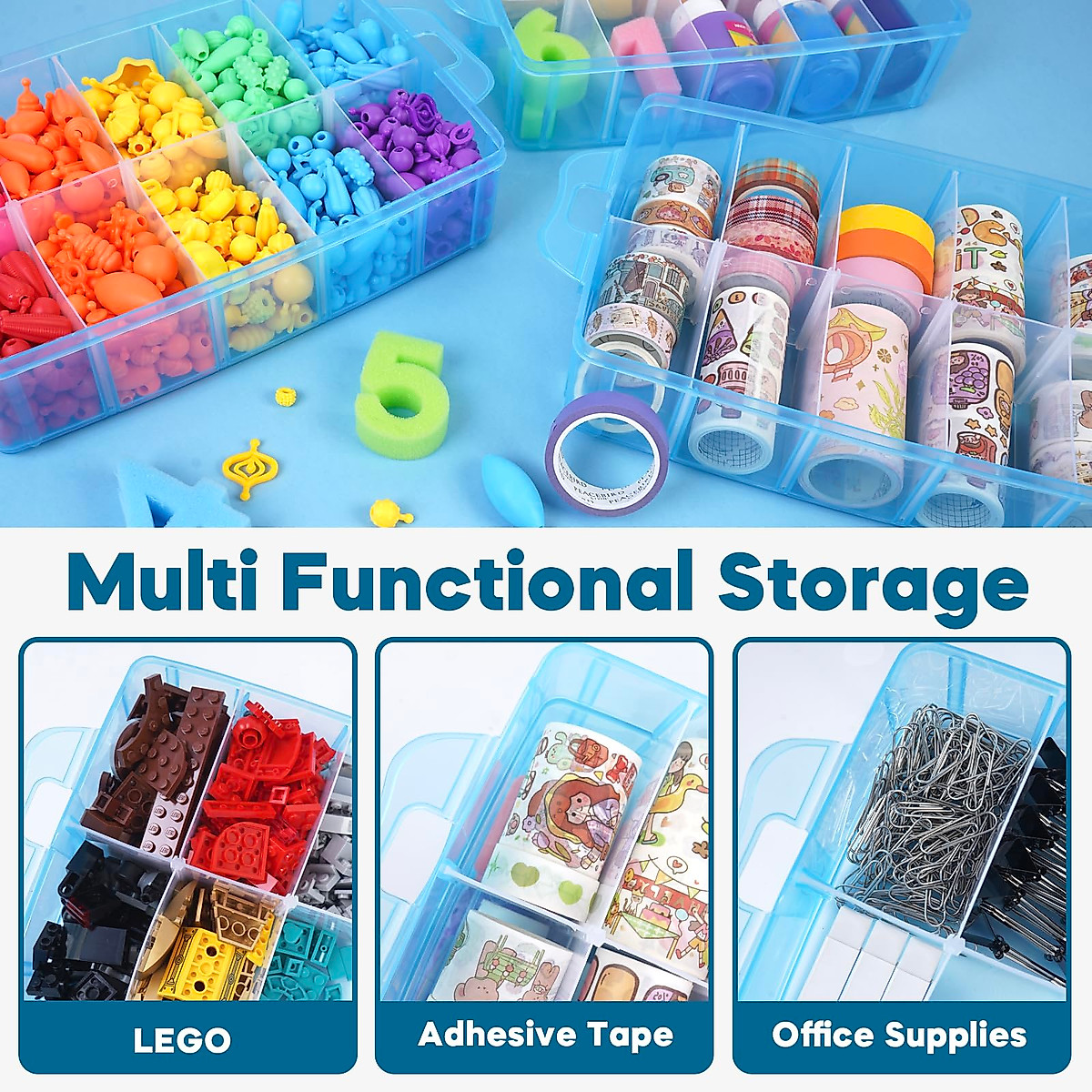 Tavolozza 3-Tier Blue Craft Storage Container, Stackable Organizer Box with 30 Compartments and a Chic Handle,Perfect for Toy,Crafting,Art Supplies,DIY Lovers