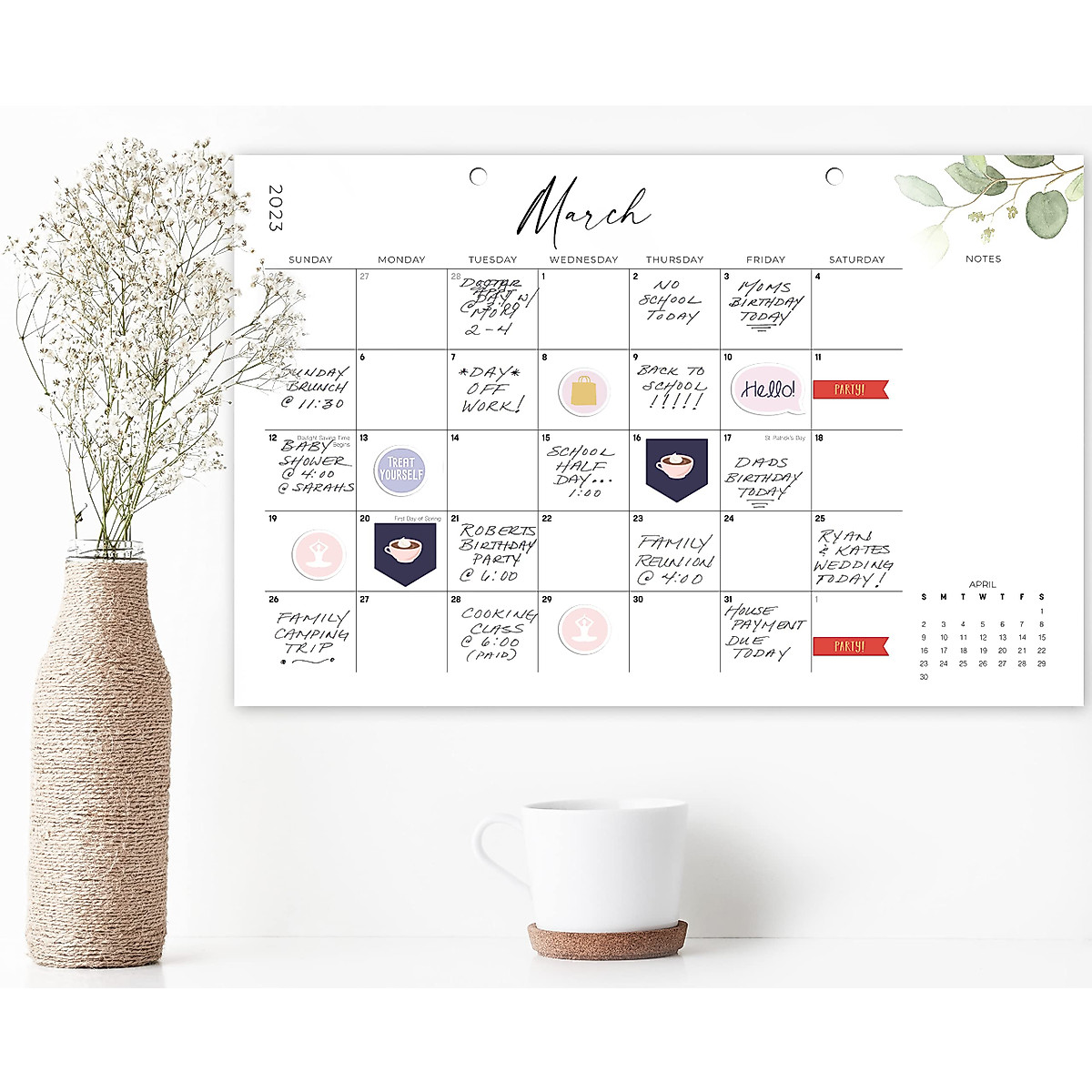 Aesthetic 2023 Modern Greenery Desk Calendar - Runs Until July 2024 - 17"x11" Desktop/Wall Calendar for Easy Organizing