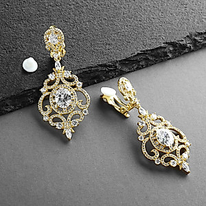 Mariell 14K Gold Plated Clip-On Earrings Cubic Zirconia Wedding or Evening Victorian Scroll Chandelier