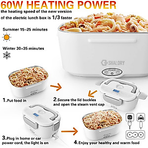 SHALORY Electric Lunch Box Food Heater, 3 in 1 Portable 60W Food Warmer Leakproof Self Heating Lunch Box for Adults/Work/Car/Truck/Home with 1.5L Removable 304 Stainless Steel Container (Grey)