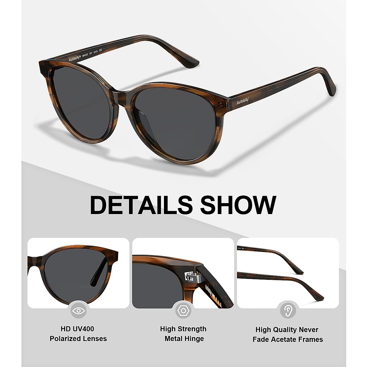 AVAWAY Acetate Polarized Sunglasses Women Trendy 2024 UV Protection Brown Tortoise Round Sun Shades Vintage Ladies Sunnies