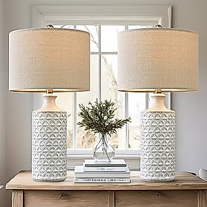 PoKat 24.75" Modern Contemporary Ceramic End Table Lamps Set of 2 for Living/Study Room Desk Décor,Bedside,Nightstand Lamps for Bedroom Office Farmhouse,White