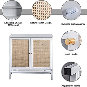 Lamerge Sideboard Buffet Cabinet, Rattan Kitchen Storage Cabinet with 2 Doors,Cupboard Console Table with Adjustable Shelves,Accent Cabinet for Dining Room, Bedroom, Hallway,White