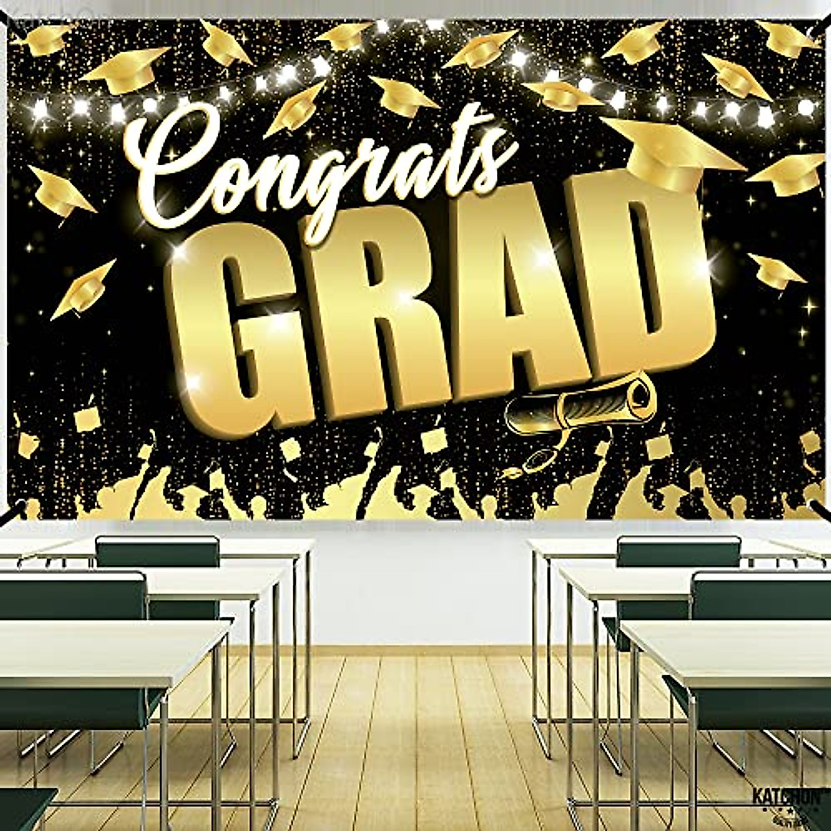 Big, Congrats Grad Backdrop - 72x44 Inch | Graduation Backdrop 2023 Black and Gold Graduation Party Decorations 2023 | Graduation Banner 2023, Graduation Decorations 2023 | Congrats Grad Banner 2023