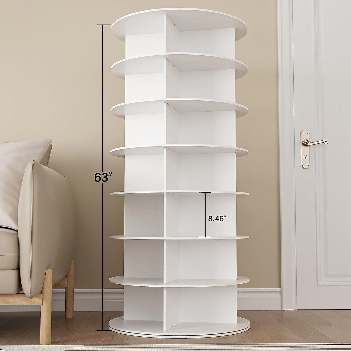 MAGIC UNION Rotating Shoe Rack Tower 7 Tier Organizer, Vertical Spinning Shoe Display Lazy Susan, Revolving 360 White Shoe Rack Storage Round Carousel, Rotate Shoes Closet Organization