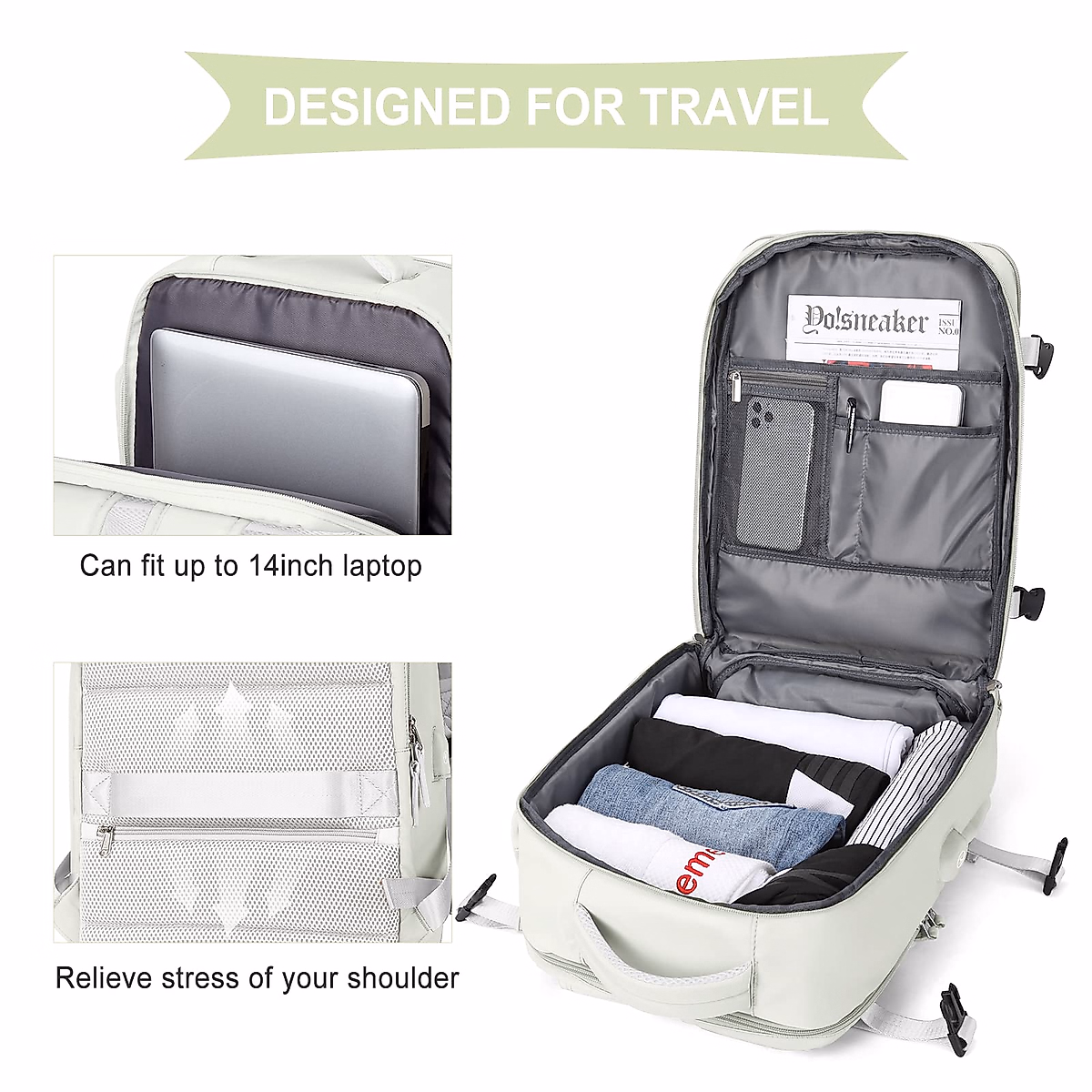 Carry On Backpack for Women, Airline Approved Personal Item Large Travel Backpack Flight Approved, Waterproof Laptop Bag Business Work Gym Backpacks Men Beige White Mochila De Viaje