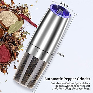 Electric Gravity Pepper Grinder set of 2, Automatic Salt and Pepper Mill Grinder, Adjustable Roughness, Battery Powered, Blue LED Light, Stainless Steel with One Hand Operation (Sliver 2 pack)
