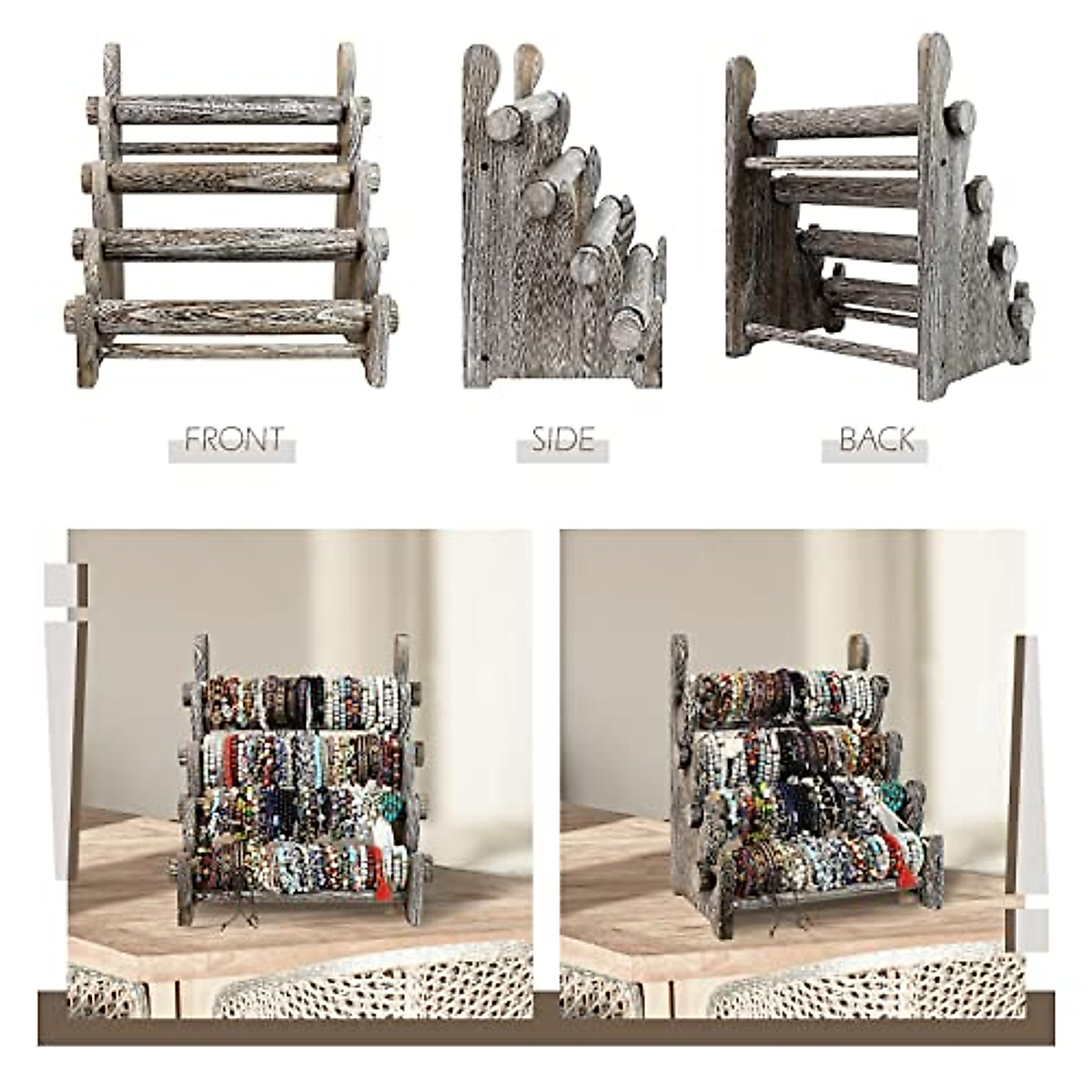 LadyRosian 4 Tier Wooden Bracelet Holder, Bangle Watch Necklace Display Storage Jewelry Holder Stand Display Organizer,Antique White