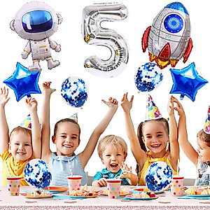 Kawailay Astronaut Rocket 5th Birthday Party Balloons Jumbo Spaceman Birthday Balloons Outer Space Theme Foil Balloons 32 Inch Silver Number 5 Helium Balloon for Birthday Party