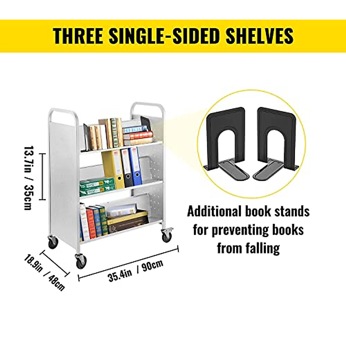 VEVOR Book Cart, 200lbs Library Cart, 35x19x49 Inch Rolling Book Cart Double Sided W-Shaped Sloped Shelves with 4-Inch Lockable Wheels, for Home Shelves Office and School Book Truck in White