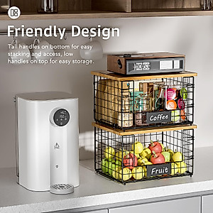 2 Pack XXL Stackable Wire Baskets with Bamboo Top for Pantry Organizers and Storage, Kitchen Organization Counter Basket for Fruit, Vegetable, Produce, Bread, Potato and Onion Storage Bins