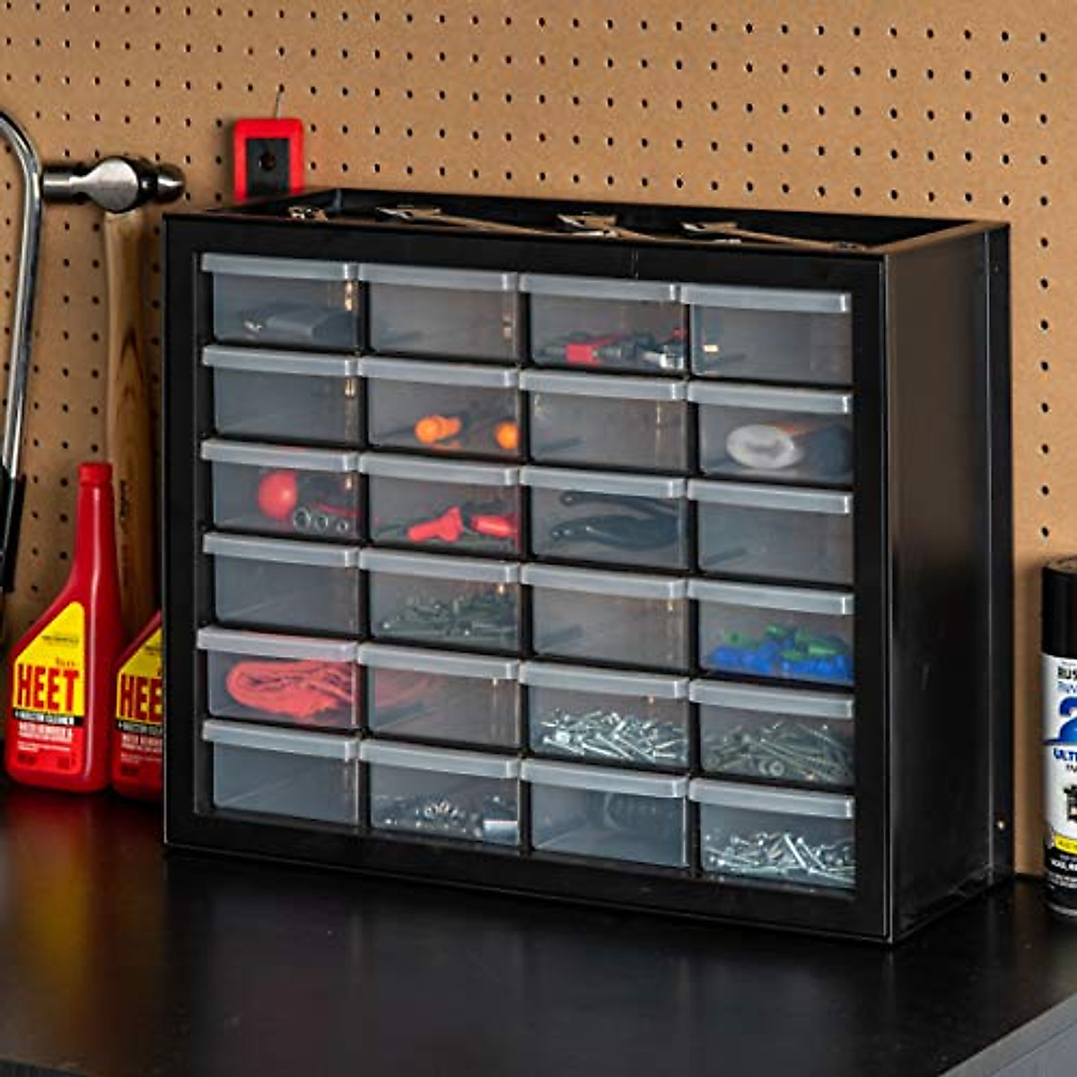 IRIS USA, Inc.IRIS USA Plastic 3-Drawer Desktop Organizer, White, 4 Pack & IRIS USA 24 Drawer Stackable Storage Cabinet for Hardware Crafts and Toys, 19.5-Inch W x 7-Inch D x 15.5-Inch H, Black