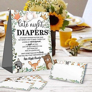 Late Night Diapers Sign & cards(1 Standing Sign + 20 Blank Greeting Cards), Jungle Baby Shower Decorations Sign Kit, Baby Shower Diaper Game Write Funny Inspirational Message