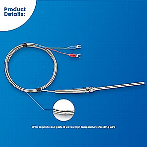 CGELE K-Type Thermocouple Temperature Sensors 0~600℃，2M/6.6Ft Wire Probe Length 100mm Two Wire 100×5mm Stainless Steel Probe Temperature Detector Temperature Gauge