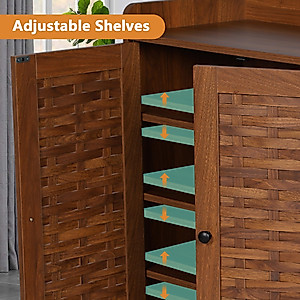 NVETHM Shoe Cabinet, Shoe Storage Cabinet with Two Rattan Doors and Adjustable Shelves, Free Standing Shoe Rack for Entryway, Living Room (Walnut)