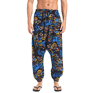 AITFINEISM Men's Causal Harem Pants Loose Drawstring Aladdin Boho Hippie Drop Crotch Trousers (4X-Large, Blue)