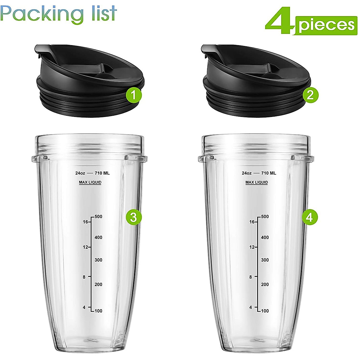 2-Pack 24oz Ninja Blender Cups with Sip & Seal Lid Blender Replacement Parts Compatible with Nutri Ninja Auto IQ Series Blenders BL450 BL454 BL456 BL480 BL481 BL482 BL490 BL640 BL642 BL682