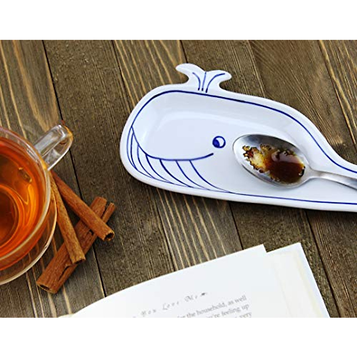 Cornucopia Whale Spoon Rest; Blue and White Ceramic Novelty Spoon Holder for Kitchen Stove