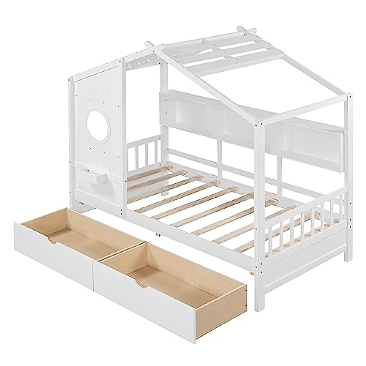 SIYSNKSI Kids House Bed with 2 Drawers and Storage Shelf, Twin Size Daybed Sofa Bed Frame with Roof and Window Design, Playhouse Design Daybed for Boys Girls Bedroom, No Box Spring Needed (White-G1)