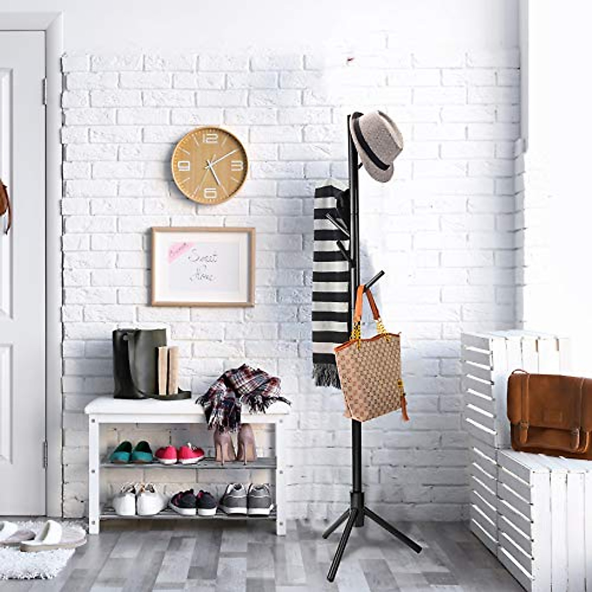 ZOBER Coat Rack Freestanding - Wooden 6 Hanger Clothing Rack with Modern Hooks for Bag, Hat, Jacket, Purse, Umbrella - Standing Hat Rack Coat Hanger for Entryway - Black