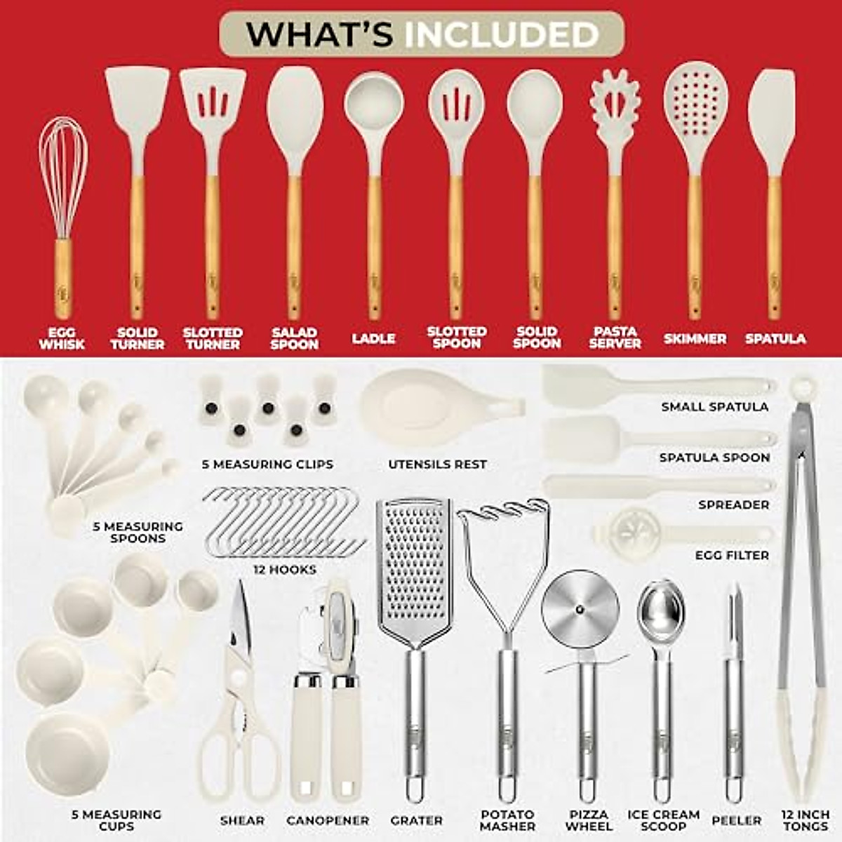 Kaluns 50 PCS Silicone Kitchen Utensils Set Complete Kitchen Set - 800°F Heat Resistant Non-Stick Premium Silicone Cooking Utensils W Wooden Handles - Can Opener, Masher, Turner, Silicone Spatula Set
