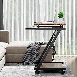 ZERDER Small Computer Desks with Power Outlet, Z-Shaped Home Office Desks for Small Space, Compact Study Desk with Keyboard Tray and Casters, Computer Workstation for Home and Office, Brown