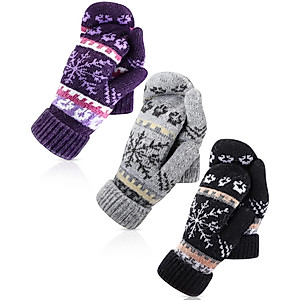 Vicenpal 3 Pairs Women's Winter Gloves Warm Lining Mittens Knit Thick Wool Gloves Knit Mittens for Winter Cold Weather (Purple, Gray, Black)