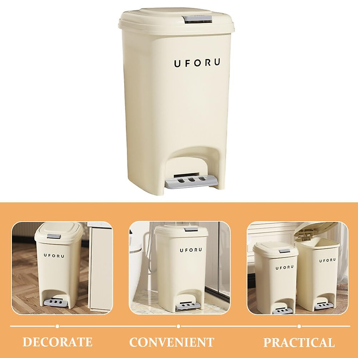 Luxshiny Bathroom Trash Can with Lid 8L Step Garbage Can Plastic Wastebasket with Lid Waste Bin for Kitchen Office Bedroom