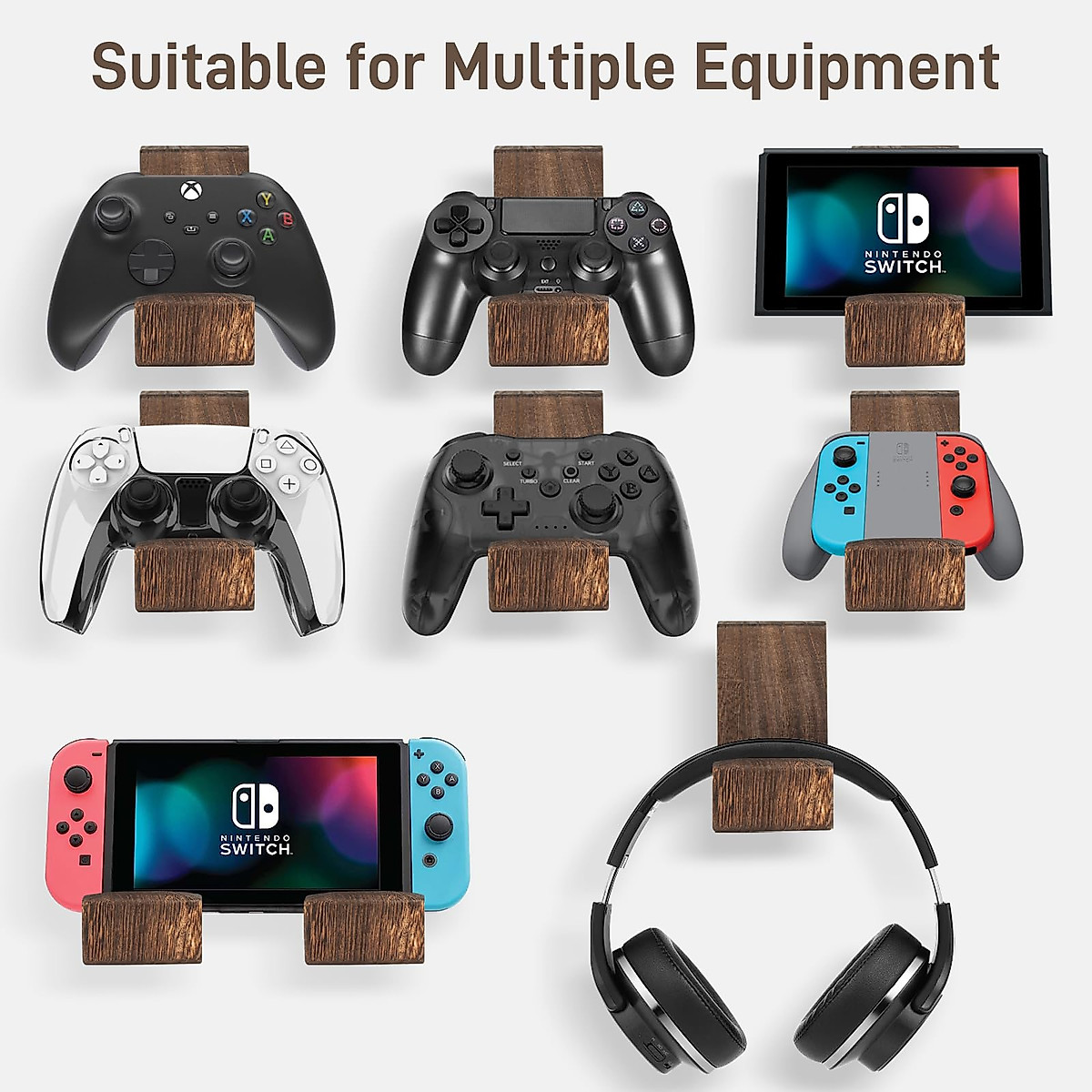 BEARUT Wall Mounted Game Controller Holder Headset Stand Universal Gaming PC Accessories Rack Headphone Stand for Xbox Series PS5 PS4 by Wood Adhesive Fixation or Screws Install 2 Pack