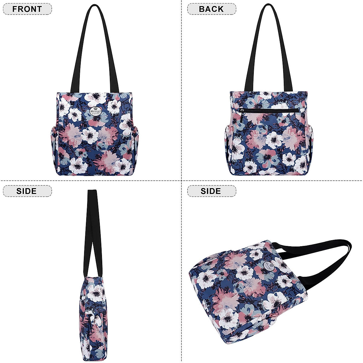 HUA ANGEL Floral Tote Bag - Casual Shoulder Bag Daily Tote Bag with Zipper Gym Travel Shopping Work Handbag for Women