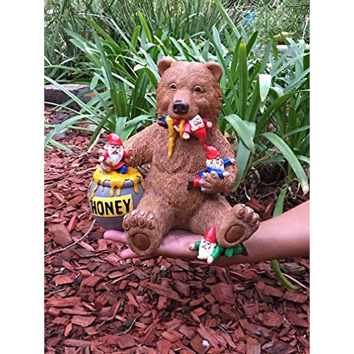 GlitZGlam Miniature Bear and Gnomes with Honey - A Garden Gnome Statue for Your Fairy Garden