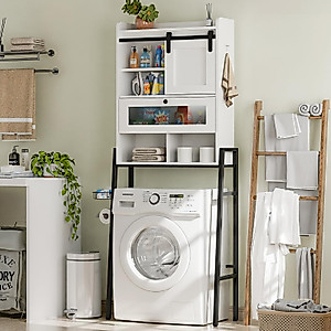 Over The Toilet Storage Cabinet, Storage Cabinet Over Toilet with Sliding Door & Toilet Paper Holder Stand, Freestanding Toilet Shelf Washer Shelf Space Saver Bathroom Organizer, White