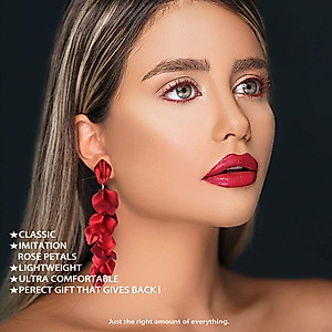 VIUJUH Long Rose Petal Dangle Earrings - Fashion Boho Acrylic Flower Earrings - Large Statement Resin Floral Earrings for Lady, Bridal, Great for Pageant, Prom, Gifts Box (Pearl Red)
