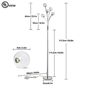 Modern Globe LED Floor Lamps for Living Room-DLLT Standing Lamps with 5 Lights for Bedroom, Tall Pole Tree Accent Lighting for Mid Century, Contemporary Home, G9 Bulb Not Included, Glass Shade Silver