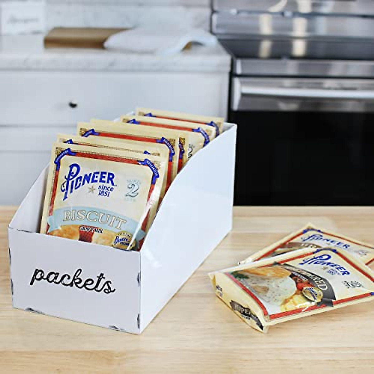 AuldHome Farmhouse Food Packet Organizers (2-Pack, White); Pantry Organization Divided Compartment Bins for Food Mixes and Spice Packets