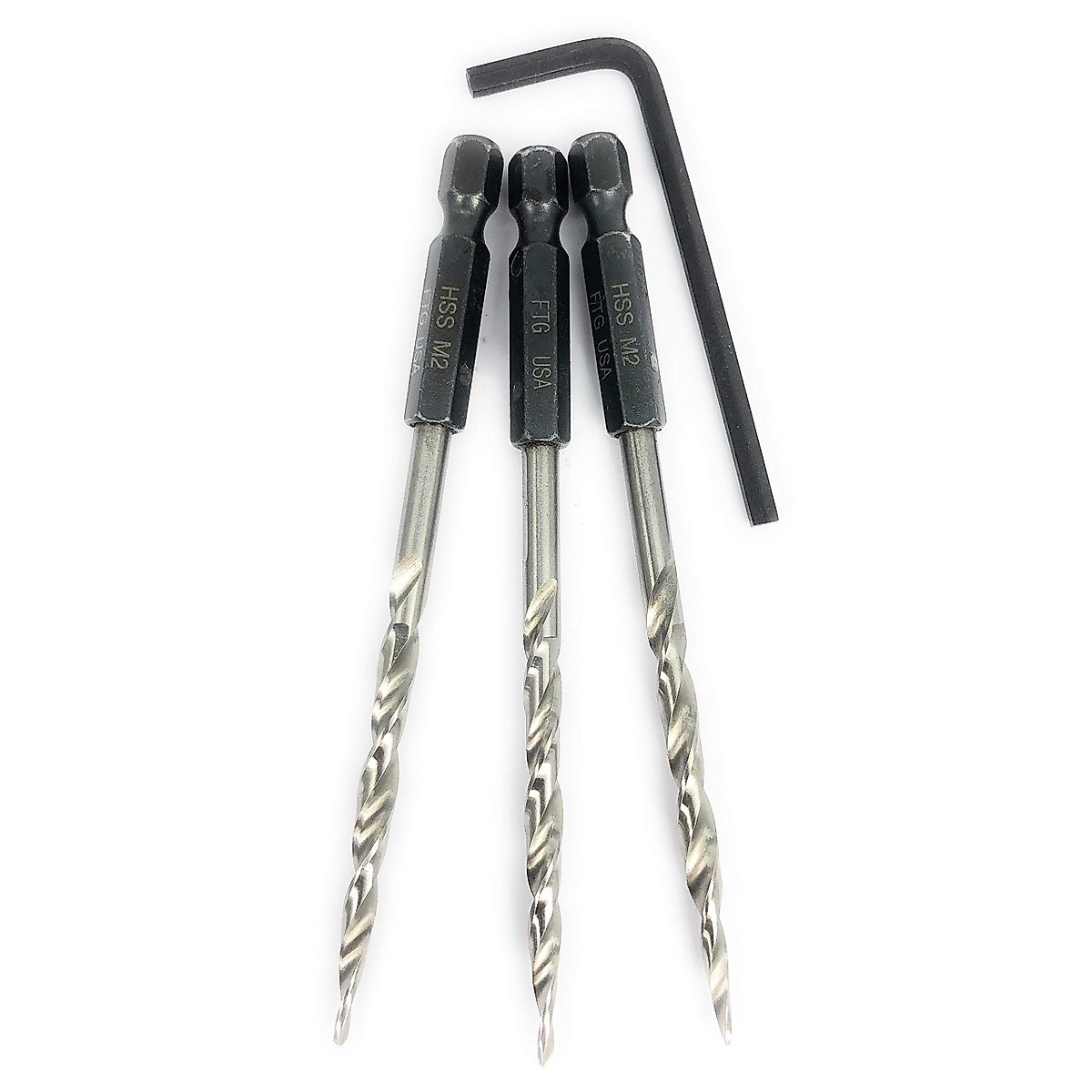 FTG USA Wood Countersink Drill Bit Set Sizes 6 8 10 12 Countersink Tapered Drill Bits, 2 Wood Plug Cutter 3/8" & 1/2" with 3 Replacement Bits #8 (11/64"), 2 Stop Collars, 1 Allen Wrench, Hex Shank