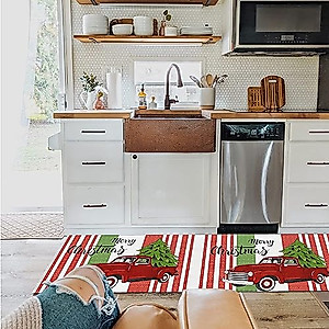 2 Pieces Kitchen Rugs and Mats Set, Christmas Truck Xmas Tree Red Green Stripe Kitchen Mats Cushioned Floormat Non Slip Runner Rug Set for Kitchen Laundry Entryway Decor, 15.7"x23.6"+15.7"x47.2"