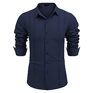 COOFANDY Men's Cuban Guayabera Shirts Casual Long Sleeve Button Down Shirt Summer Beach Tops Navy Blue