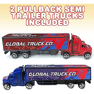 ArtCreativity Semi Truck Toys for Boys, Set of 2, Pull Back Truck Toys for Kids in Red & Blue, Trailer Trucks for Hours of Pretend Play, Unique Toy Car Party Decorations and Boys’ Room Decor