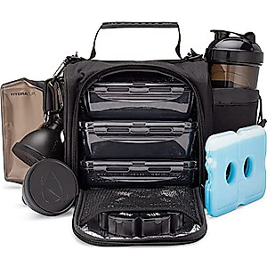 Hydra Cup Insulated Meal Prep Lunch Bag - Food Containers, Shaker Bottle, Luggage Sleeve, Ice Packs, Protein Funnels, For Travel, Work, Gym, Keep Food Hot or Cold