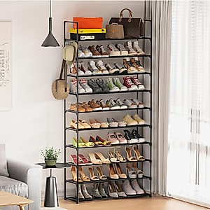 HOMICKER Shoe Rack,10 Tier Shoe Organizer Large Shoe Storage with Hooks,Fit 40-50 Pairs Shoes,Metal Tall Shoe Shelf for Closet,Entryway,Garage,Bedroom
