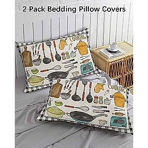 Edwiinsa Kitchen Cooking Pillow Covers Standard Size Set of 2 20x26 Bed Pillow, Farmhouse Rutsic Black Plaid Burlap Plush Soft Comfort for Hair/Skin Cooling Pillowcases with Envelop Closure