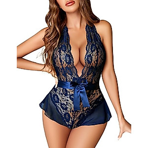 Avidlove Womens One Piece Lingerie Deep V Teddy Sexy Lace Bodysuit Babydoll Navy Blue Medium