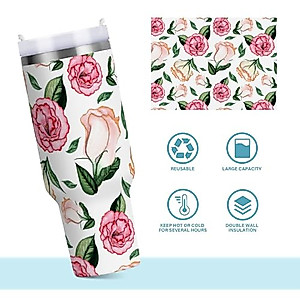 Adornlife Flower Pink Rose 30 oz Tumbler with Handle and Straw Lid, 100% Leak-proof Travel Coffee Mug, Stainless Steel Insulated Cup For Beverages, Cupholder Friendly
