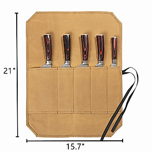 Knife Cases Organizer-Durable Waxed Canvas With Cut Resistant Lining -knife Roll 5 Pockets (Khaki-One)